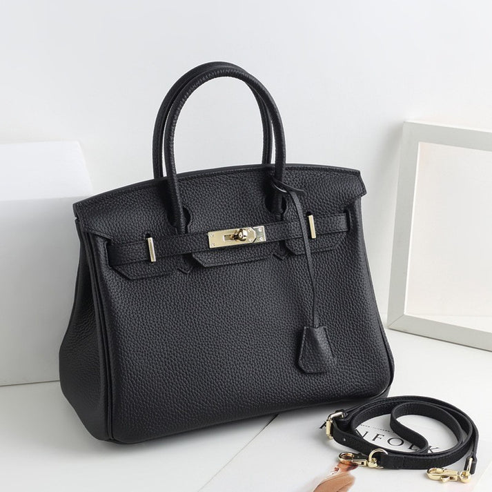 Large Capacity Lychee Pattern Kelly Genuine Cattlehide Leather Handba ...