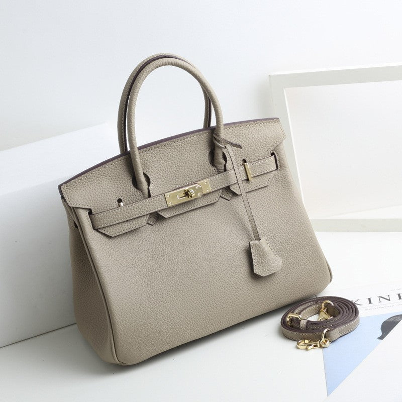 Large Capacity Lychee Pattern Kelly Genuine Cattlehide Leather Handba ...
